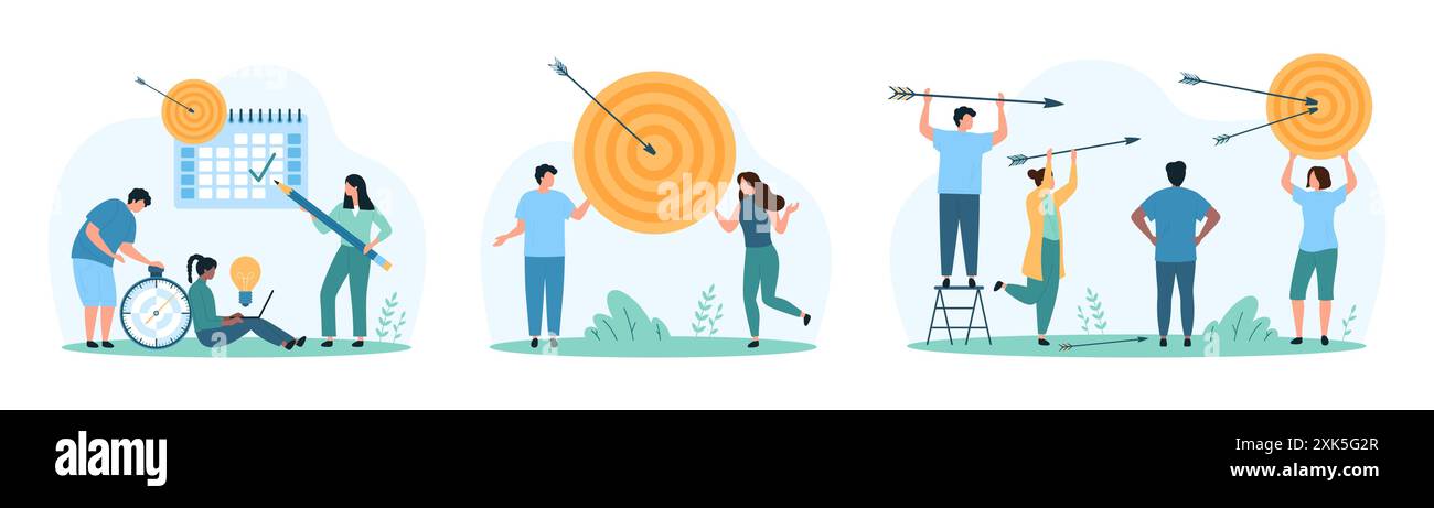 Hit bullseye business strategy set. Tiny people holding arrows to hit ...