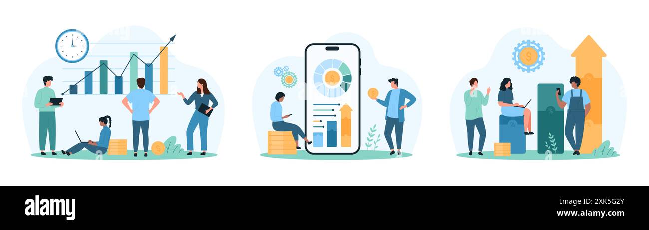 Financial research and dashboard analysis for stock market investment set. Tiny people work with ...