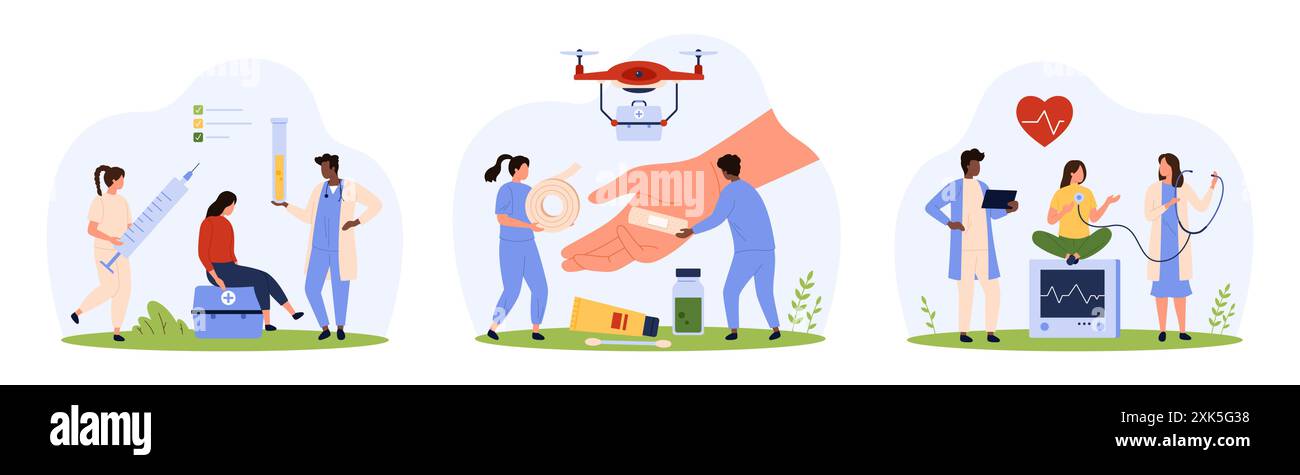 First aid set. Tiny people healing wound on skin of injured hand with ...