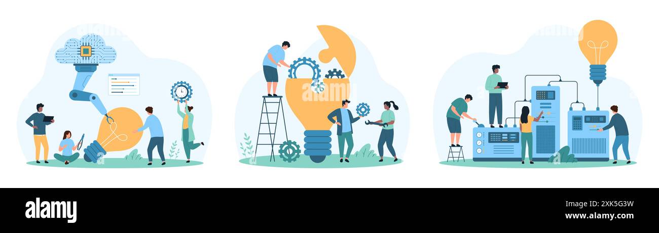 New tech solution, innovation development and optimization set. Tiny ...