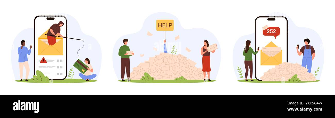 Email spam overload, phishing attack set. Tiny people drowning in letters and mailbox messages ...