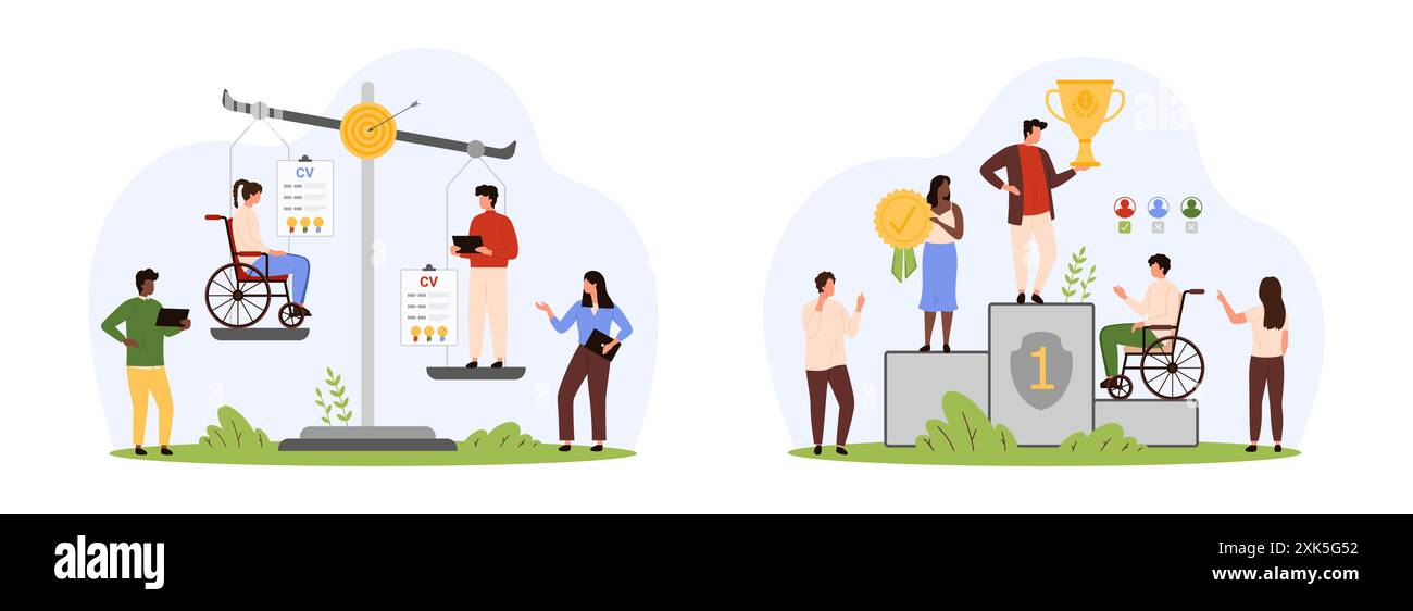 Discrimination in employment, ableism set. Tiny people select CV ...