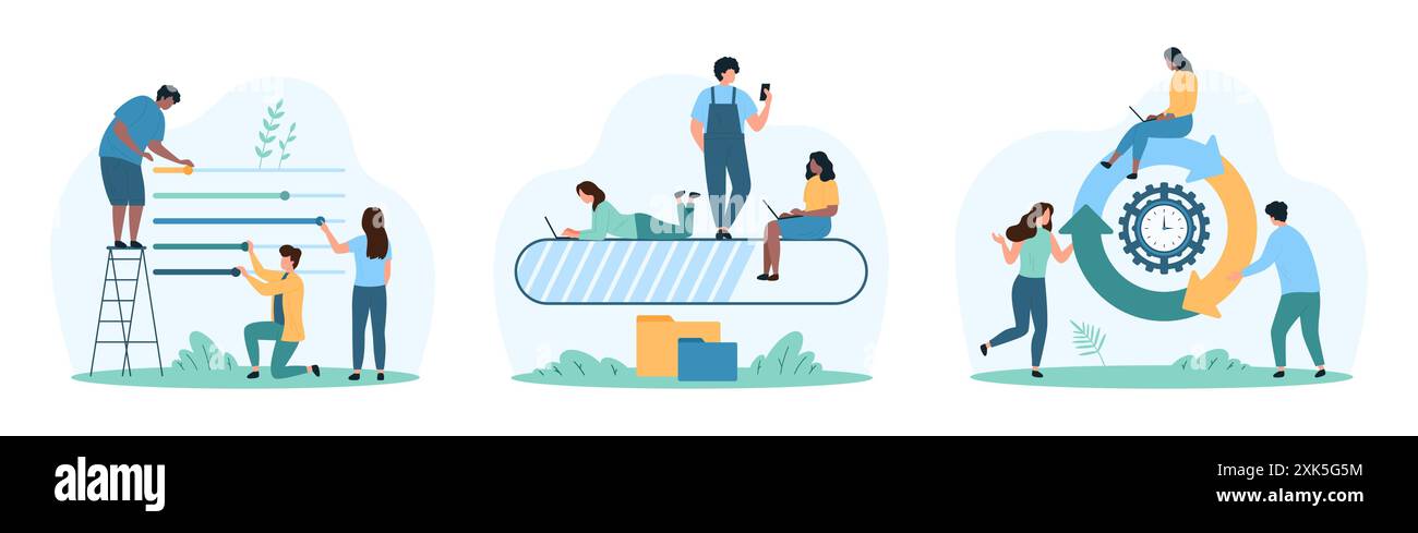 Status bar of loading progress in digital website UI. Tiny people wait ...