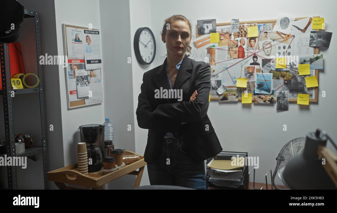 Confident woman detective stands in a police department office with ...