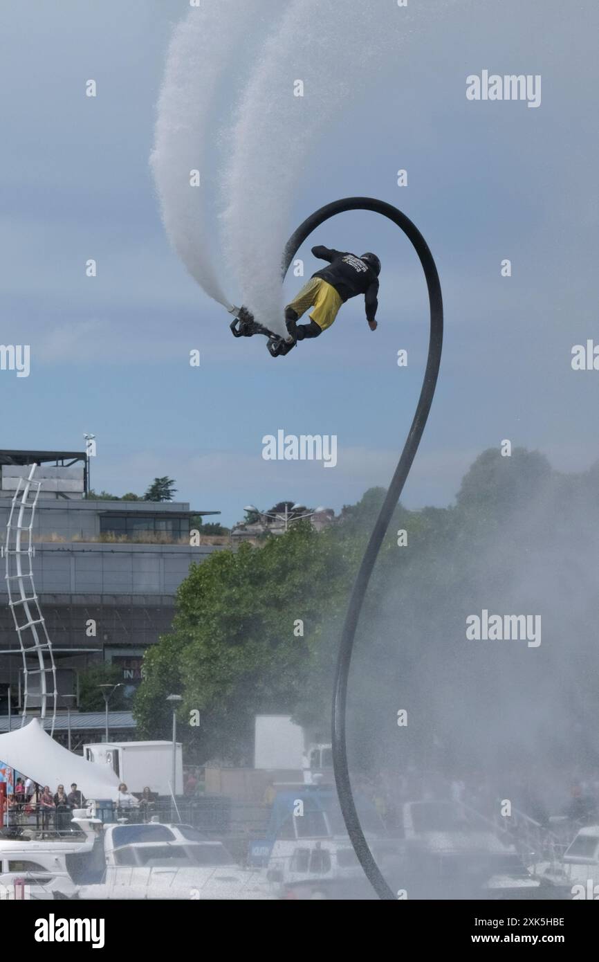 Bristol, UK. 20th July, 2024. James Prestwood demonstrates his Flyboard ...