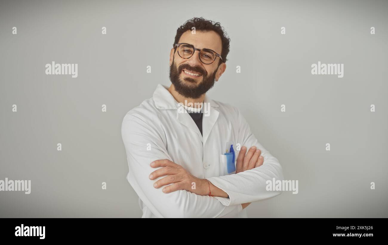 Smiling bearded man in lab coat standing confidently against a white ...