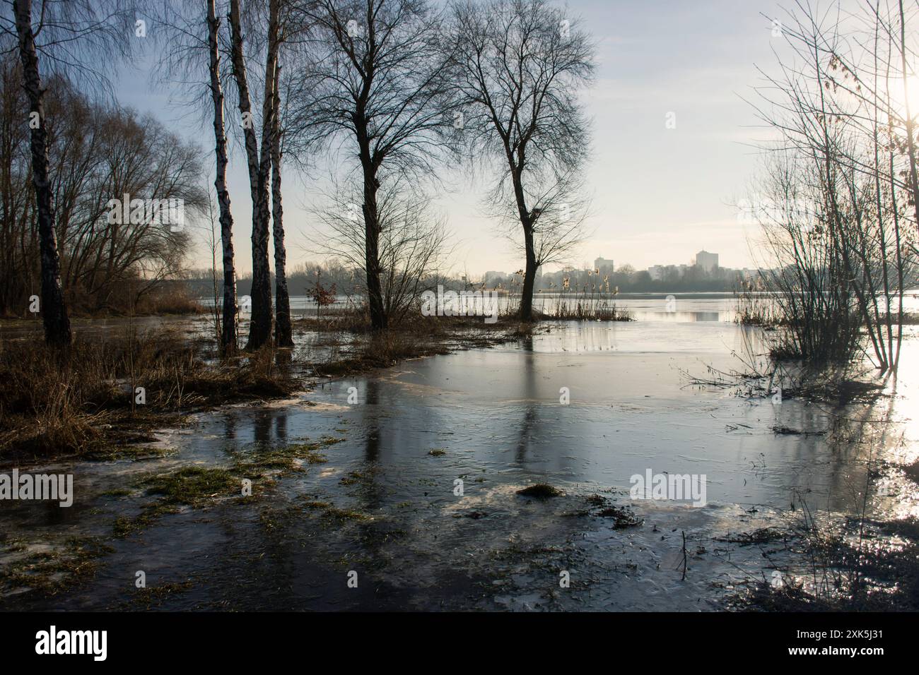 flood in the city, river flooding in spring due to melting snow, bright ...