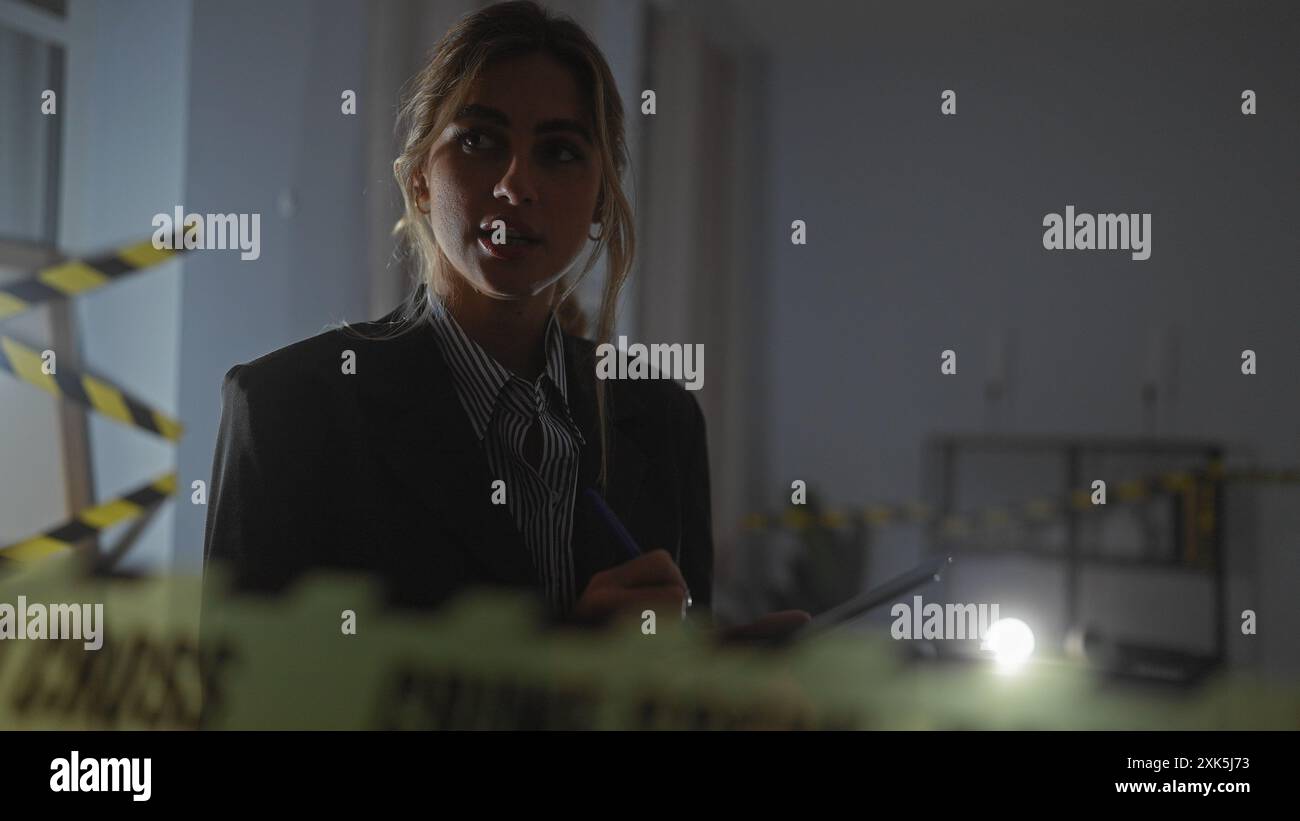 A pensive young woman investigates a dimly lit indoor crime scene ...