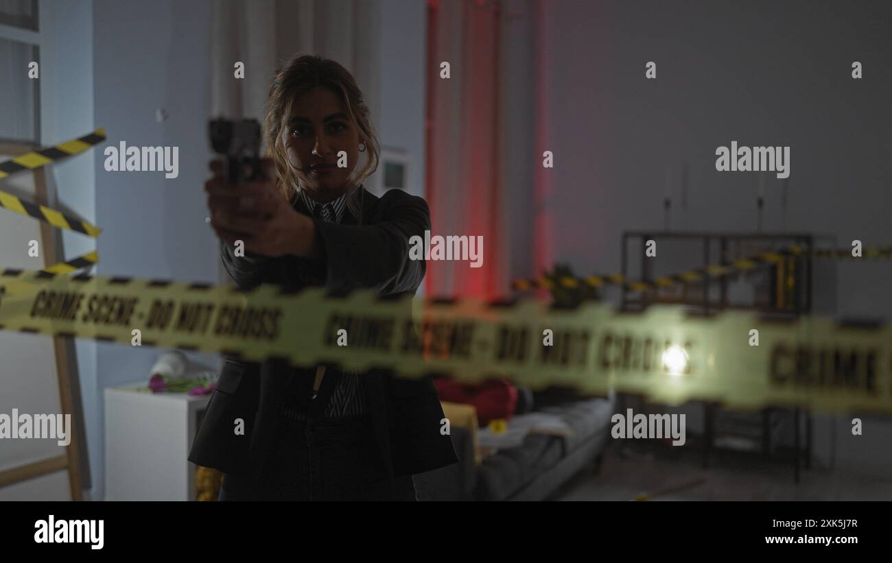 A blonde woman investigating a house crime scene, with caution tape and ...