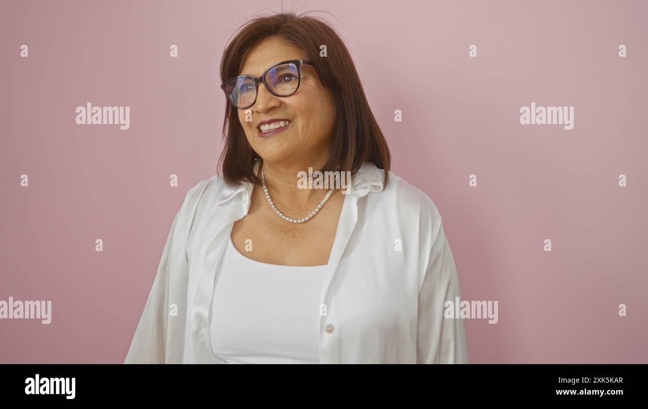 Beautiful mature hispanic woman with short hair wearing glasses and a ...