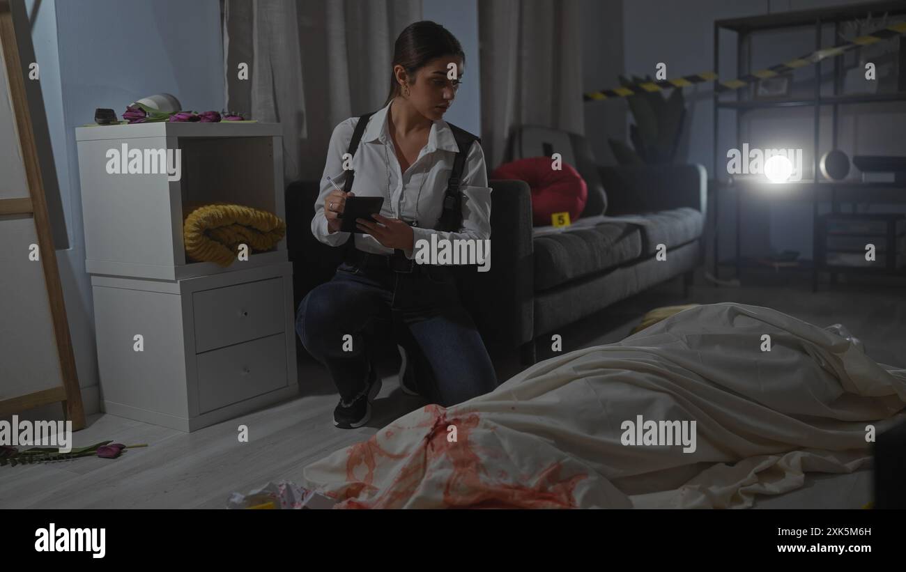 A young hispanic woman investigates a simulated indoor crime scene with ...