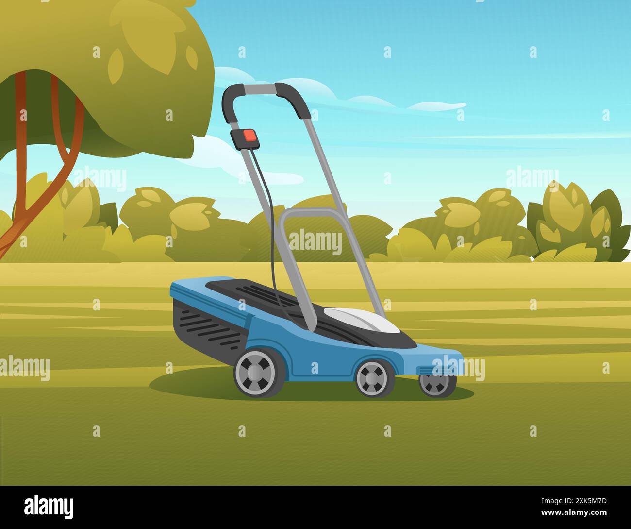 Blue color lawn mower on a flat green lawn. Clear blue sky with green ...