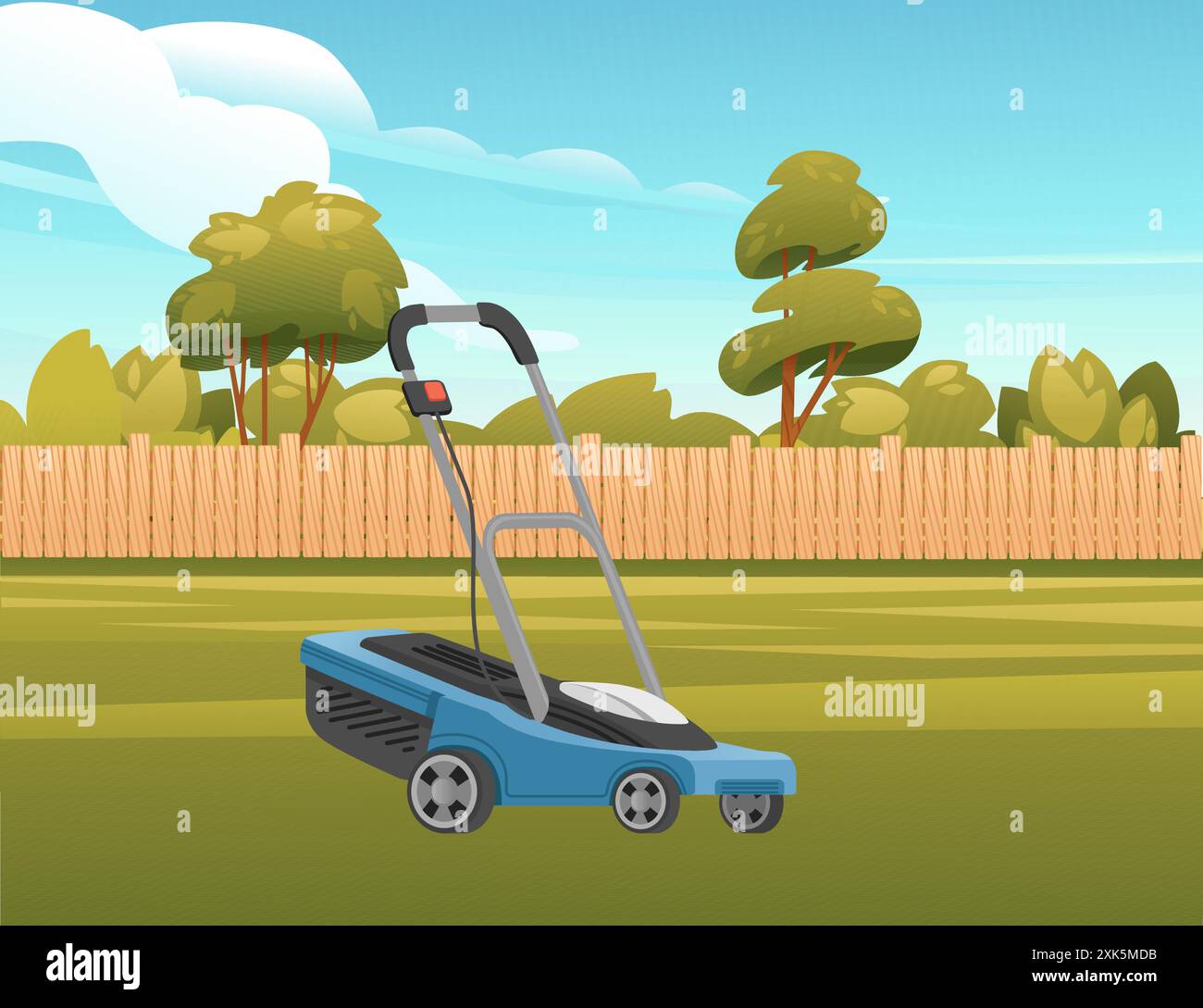 Lawnmower on a smooth, green lawn with a wooden fence behind it ...