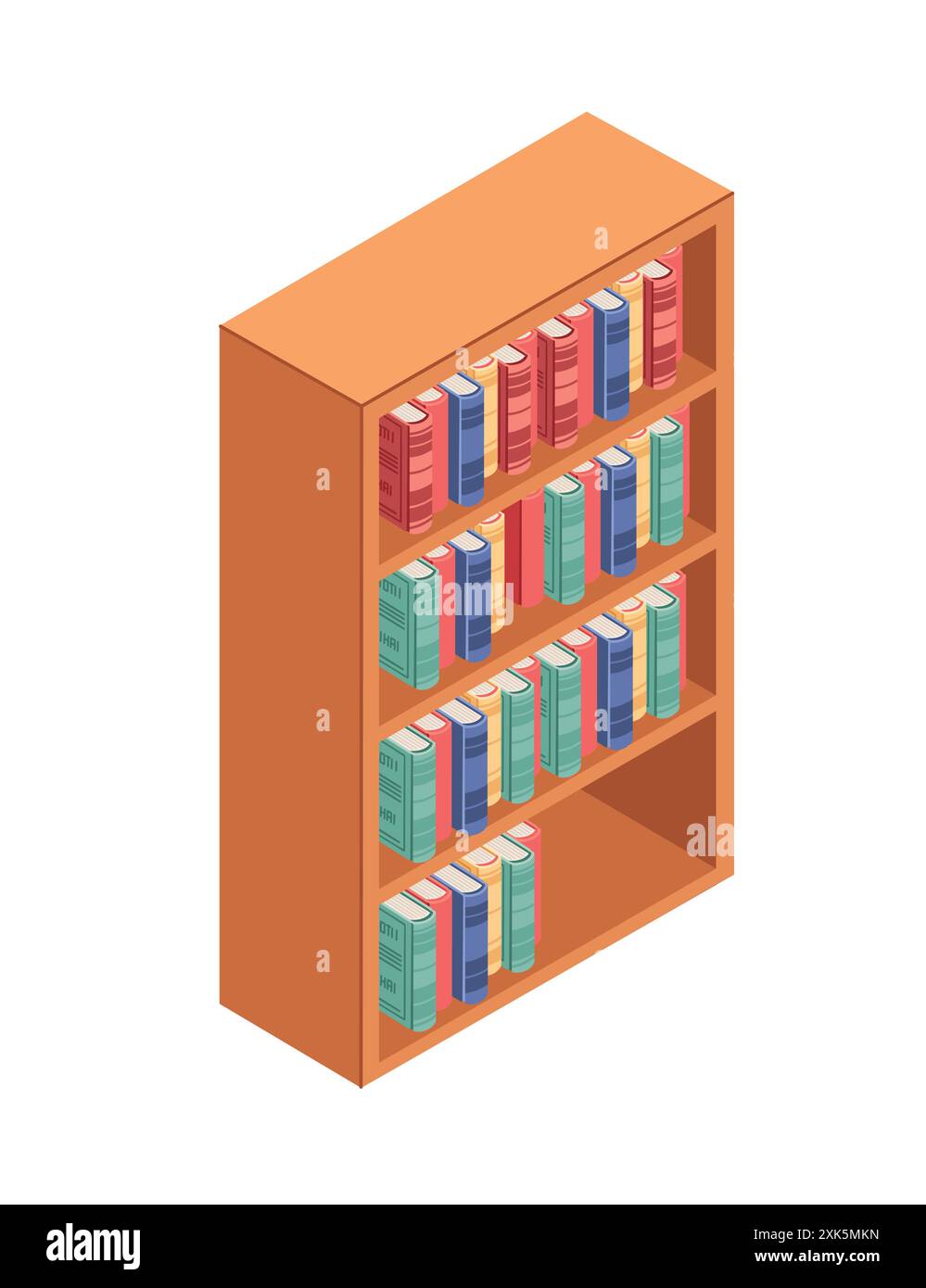 Wooden bookcase with books. Hardcover books in big shelf. Isometric ...