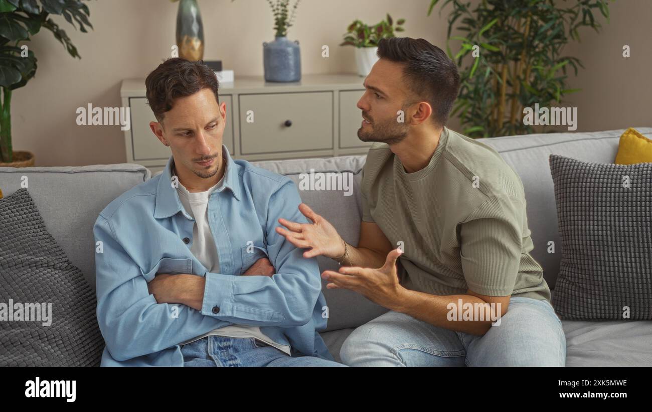 Couple having a serious conversation in their living room, two men ...
