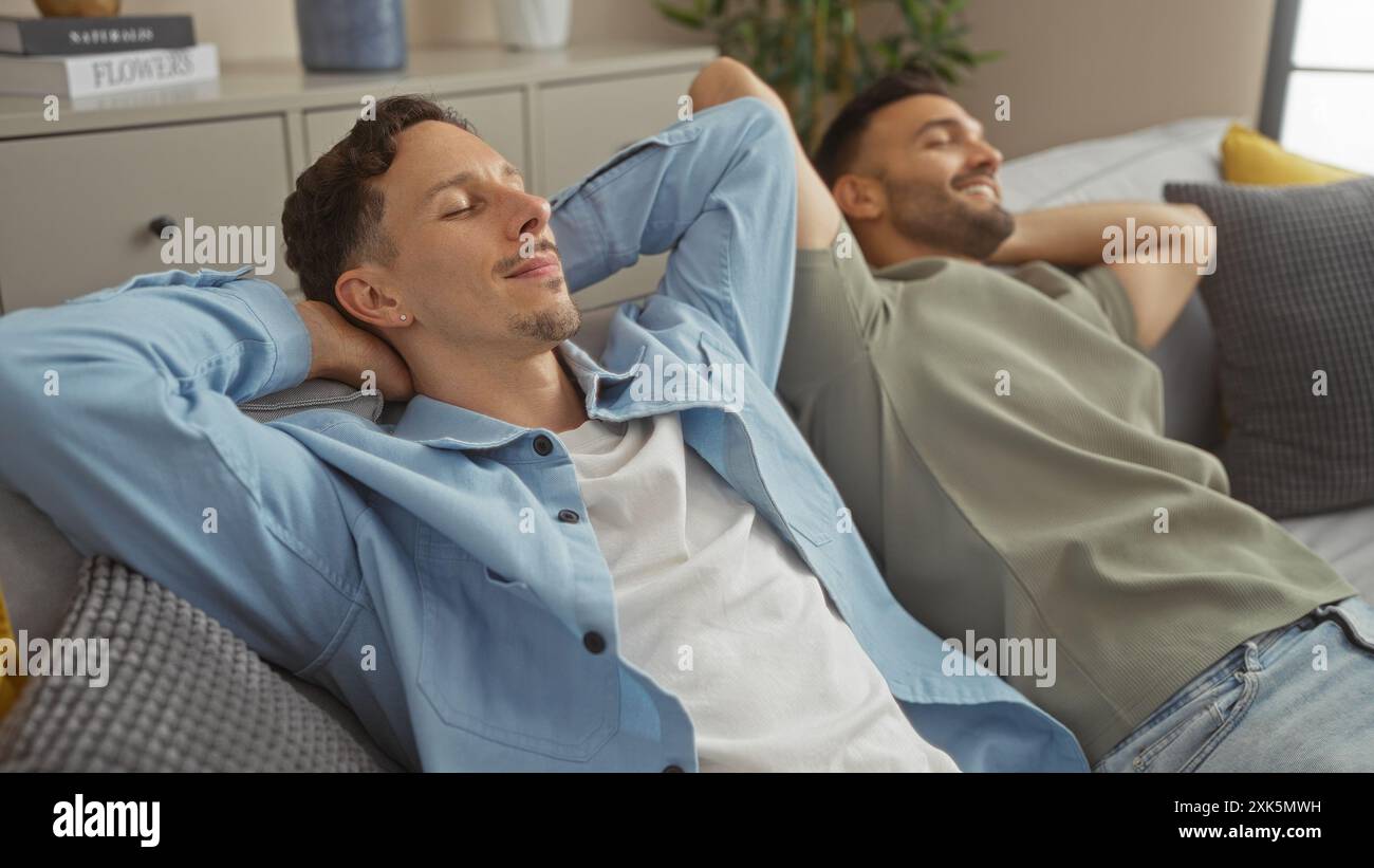 Men relaxing together on a comfortable couch in a modern living room ...