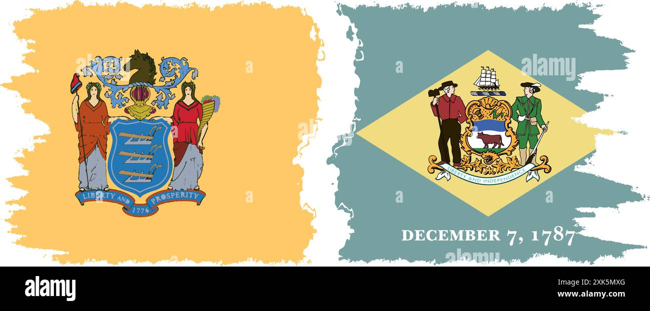 Delaware and New Jersey states grunge brush flags connection, vector ...
