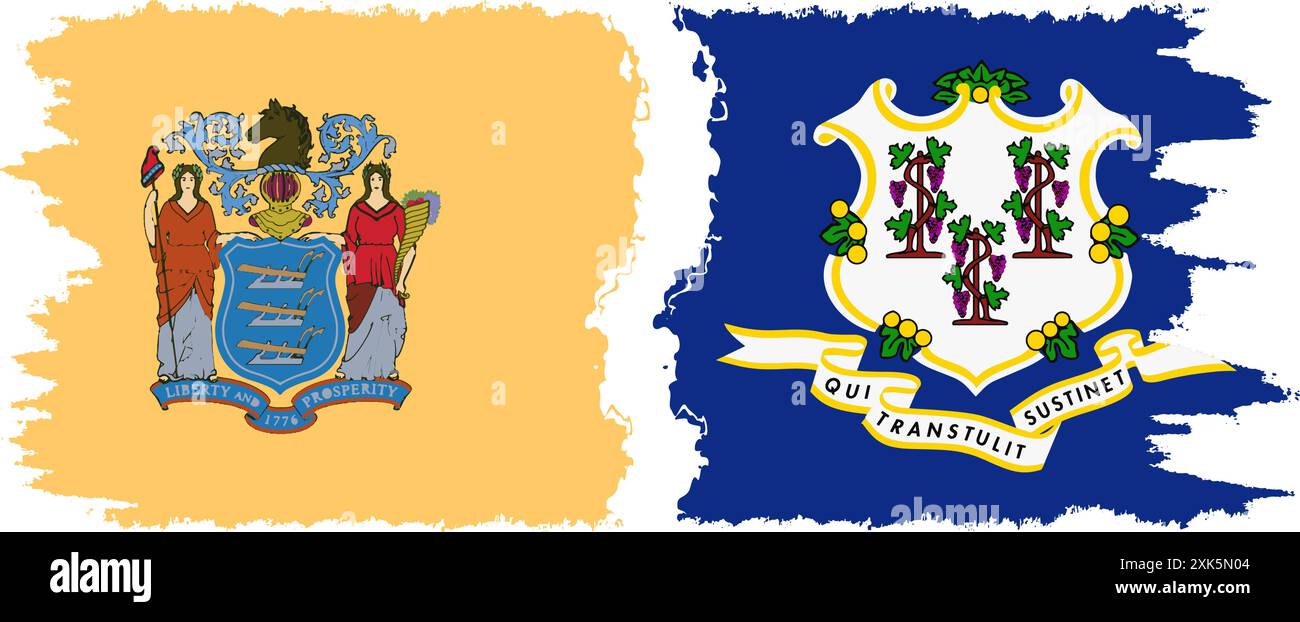 Connecticut and New Jersey states grunge brush flags connection, vector ...