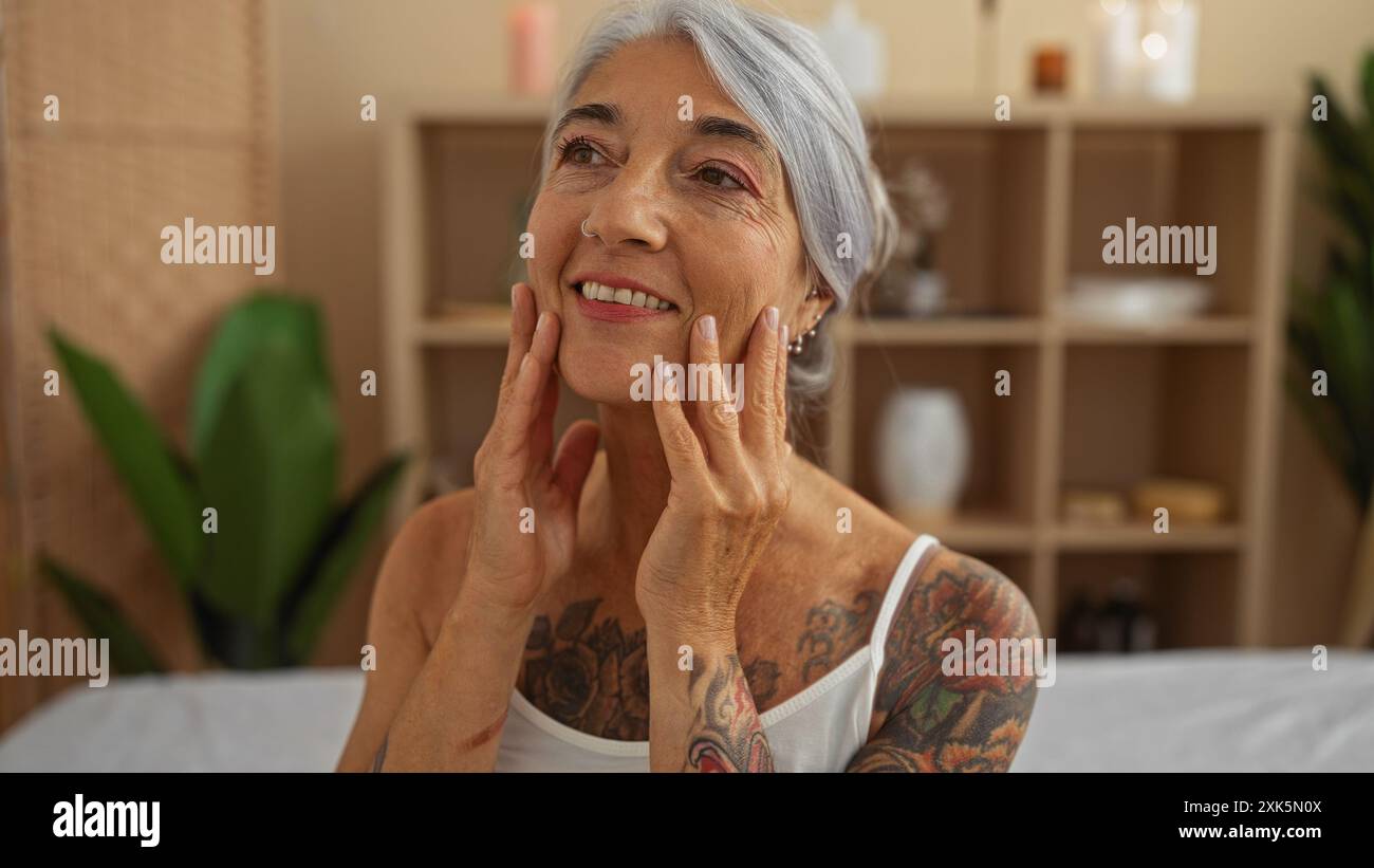Woman enjoying a serene moment in a wellness spa room with indoor ...