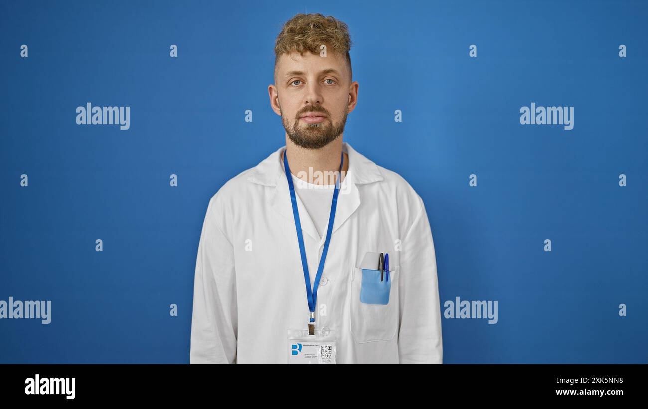 Handsome young man with beard and blue eyes wearing lab coat and ...
