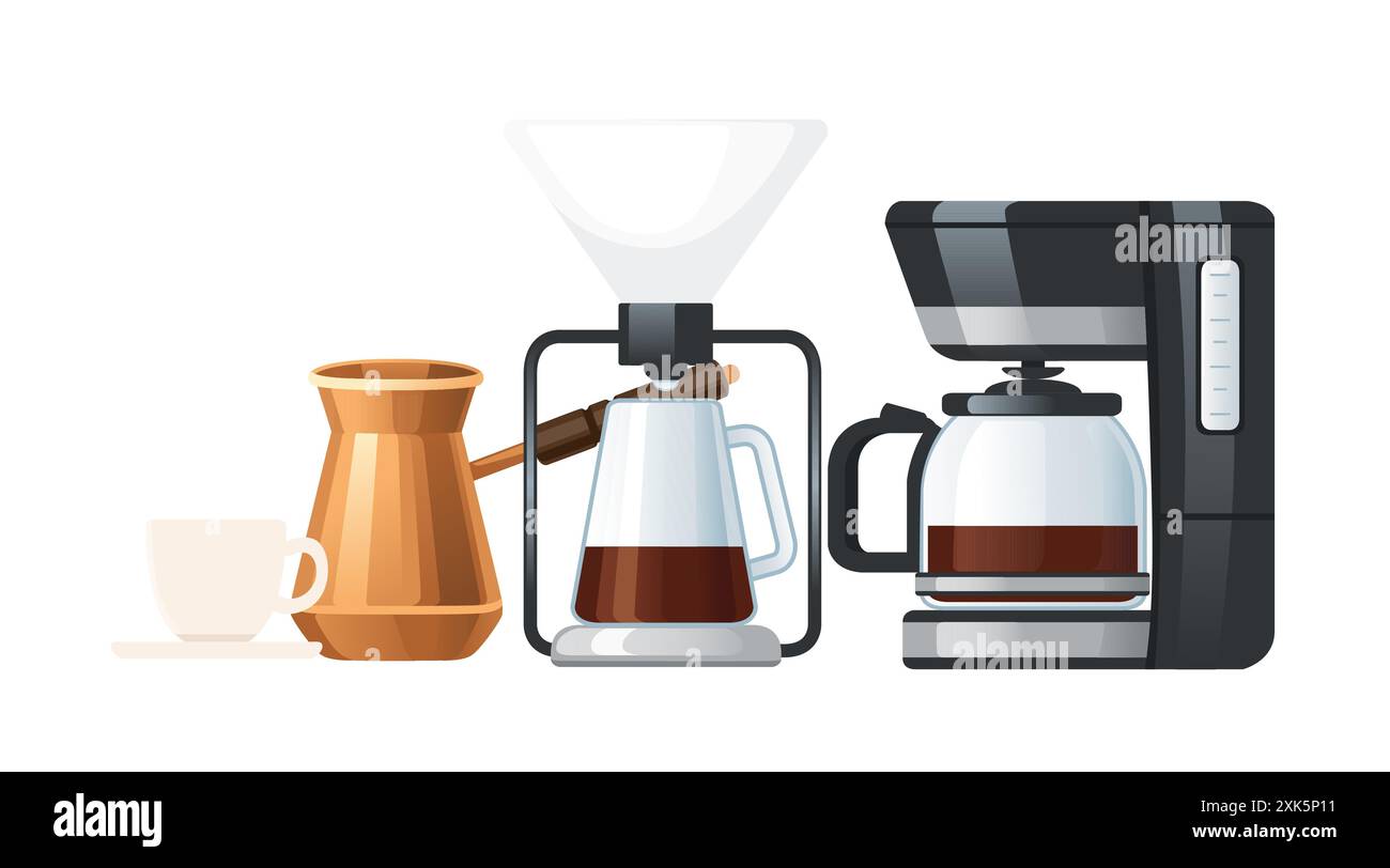 Coffee setup with a cezve, a pour-over coffee maker, a drip coffee ...