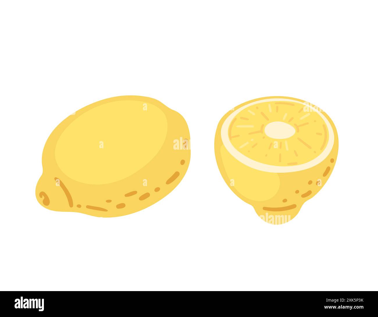 Two fresh yellow lemons. Halved and whole citrus tropical fruit, with ...