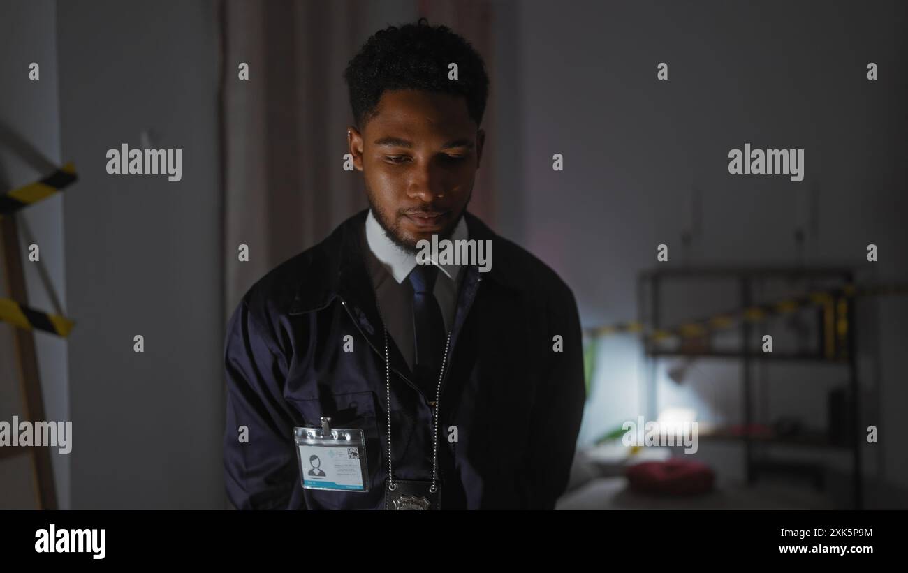A thoughtful african american detective in a dark room with a badge ...