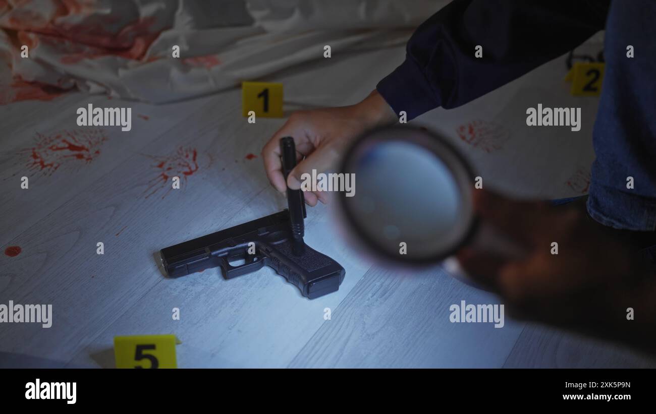 African american detective analyzing evidence at a crime scene indoors ...