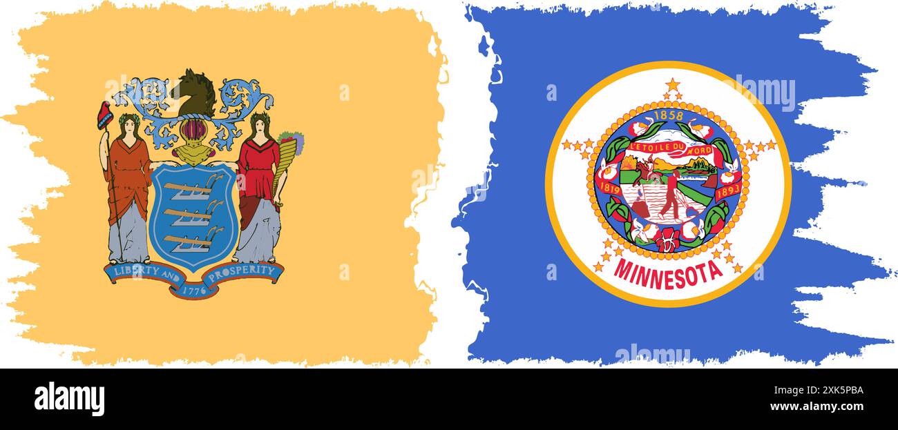 Minnesota and New Jersey states grunge brush flags connection, vector ...