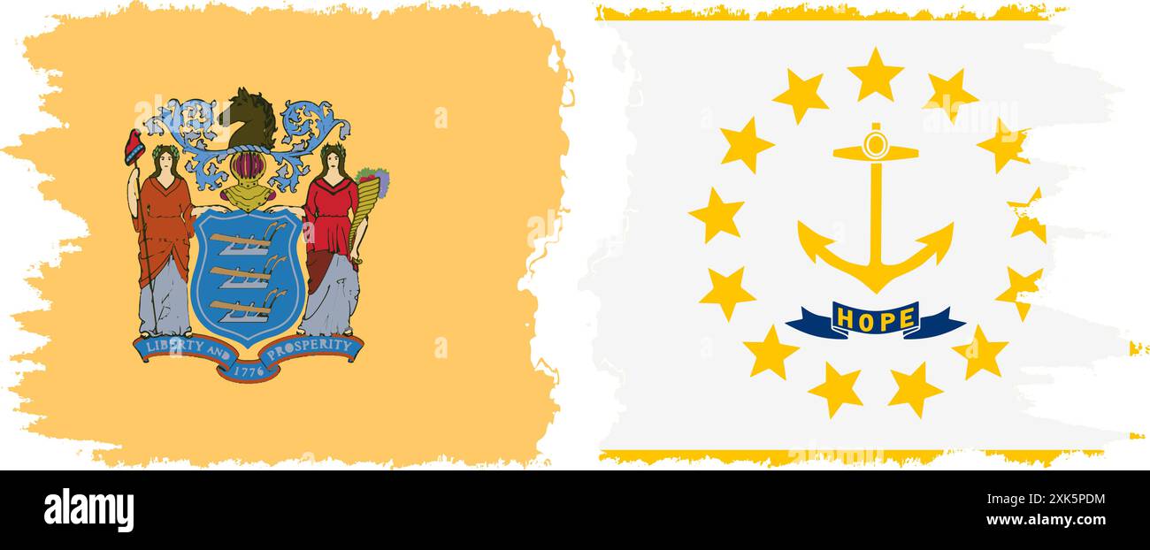 Rhode Island and New Jersey states grunge brush flags connection ...