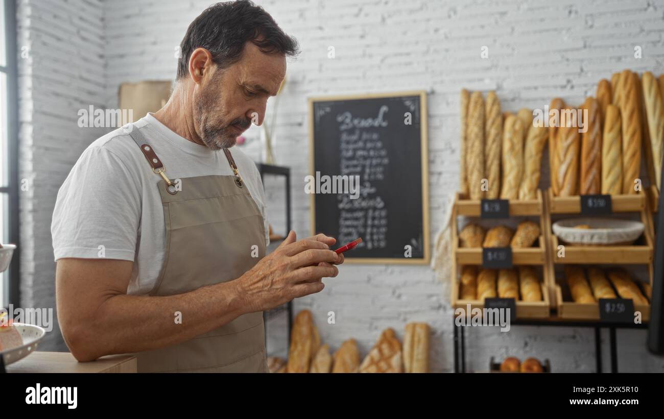Hispanic man in a bakery checking his phone, surrounded by a variety of ...