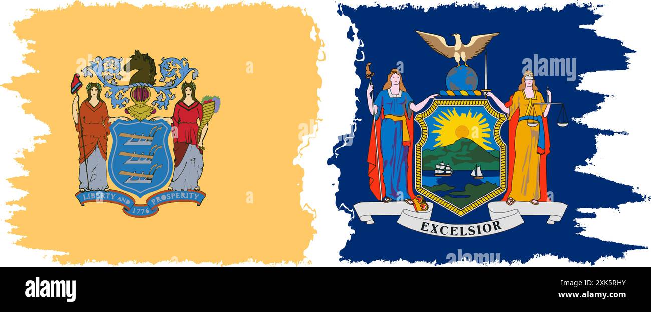 New York and New Jersey states grunge brush flags connection, vector ...