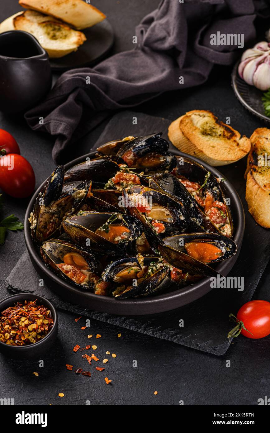 mussels cooked on a blackboard Stock Photo - Alamy