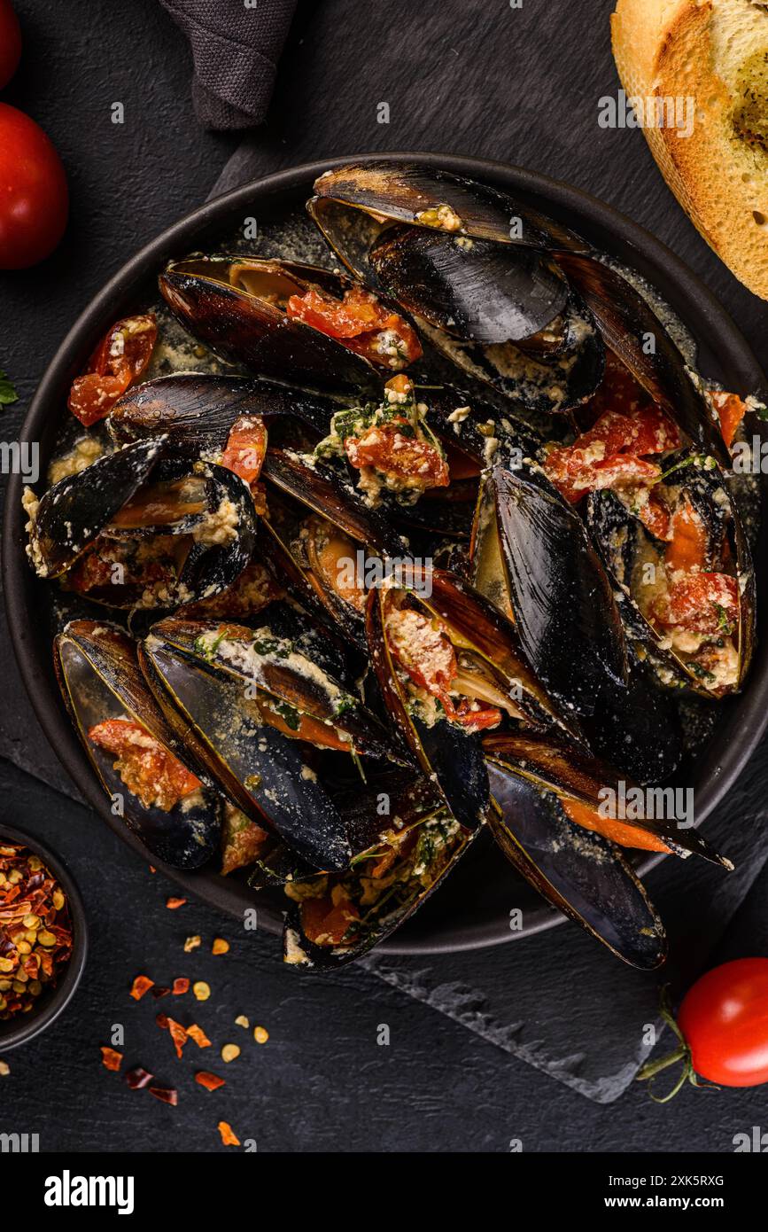 mussels cooked on a blackboard Stock Photo - Alamy