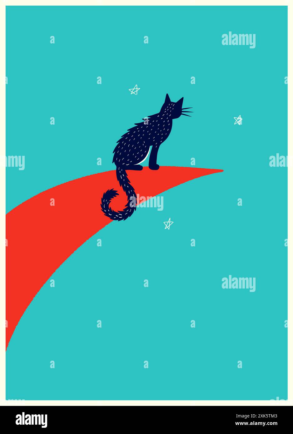 Midnight Blue Cat Perched on Crescent Moon with Stars - Whimsical Night ...