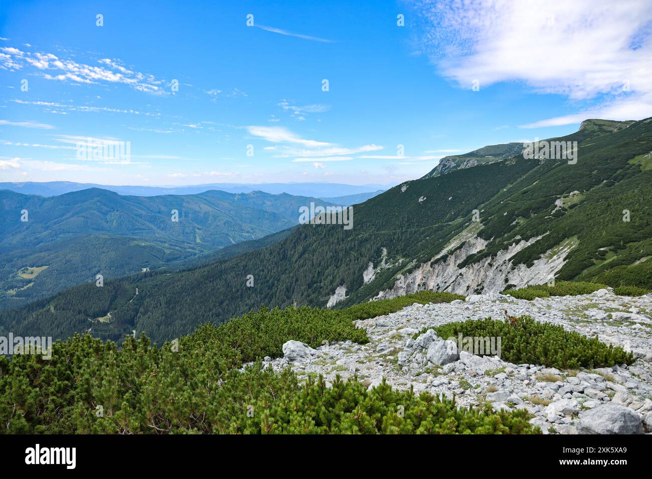 Looking down from the Rax mountain range in the Viennese Alps towards ...