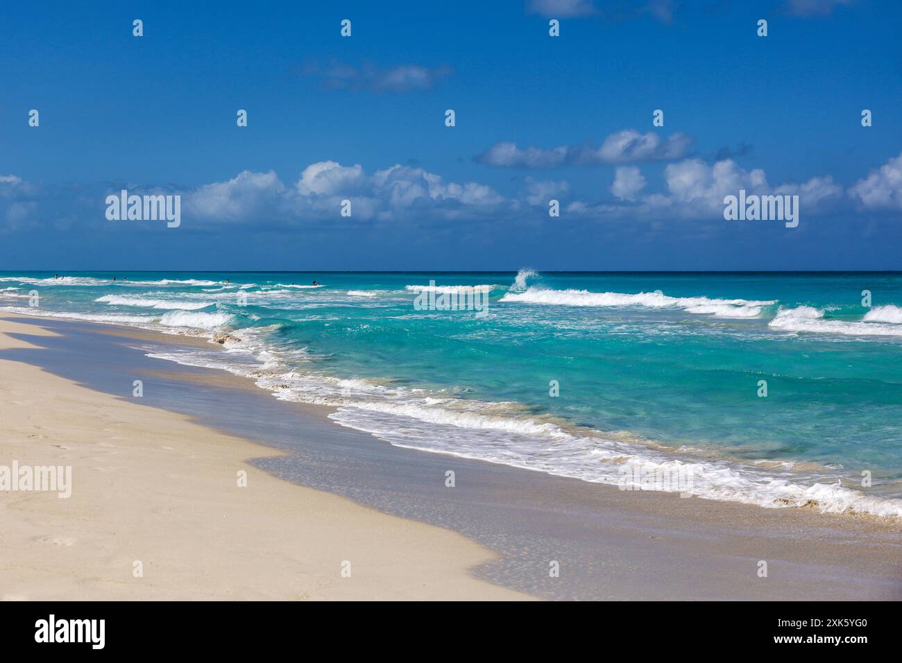 Empty sea beach with white sand, view to azure waves and blue sky with ...