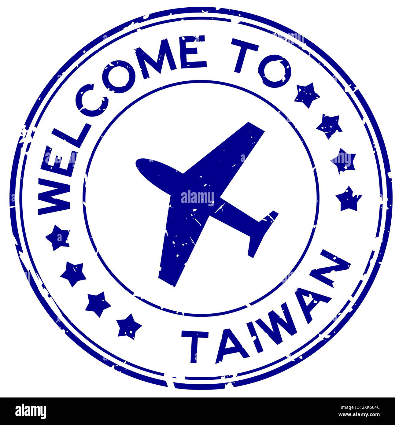 Grunge blue welcome to taiwan with airplane icon round rubber seal ...