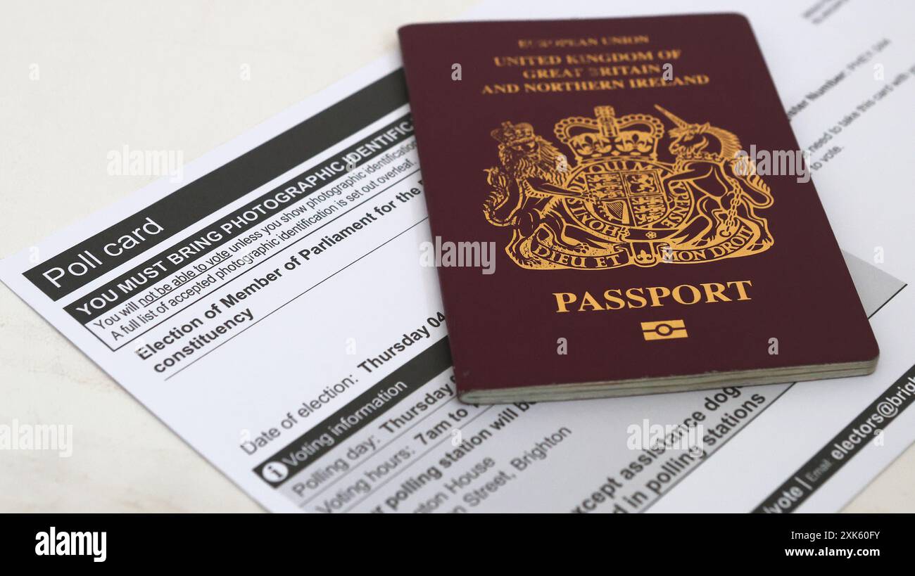 Poll card and passport ID for the 2024 general election Stock Photo - Alamy