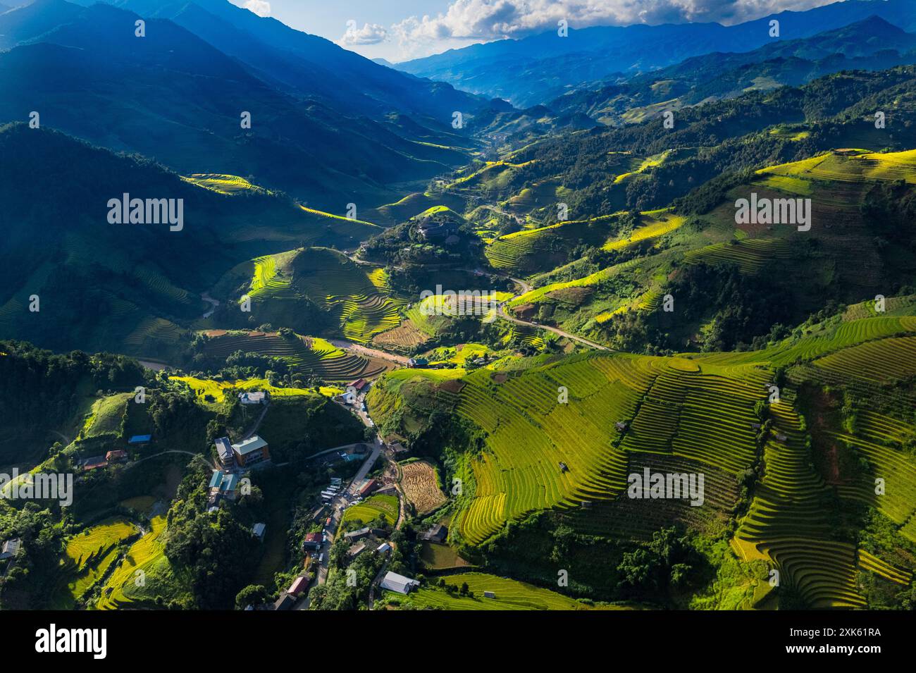 Drone aerial view of rice terrace field of La Pan Tan near Sapa ...
