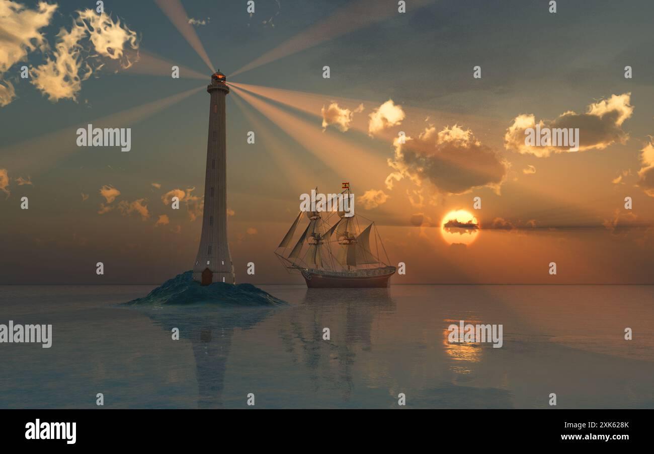 Lighthouse & Sailing Ship Stock Photo - Alamy