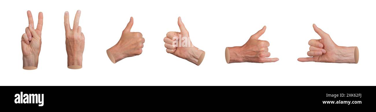 Hand gestures, victory, thumb up, surfing sign with pinky isolated on ...