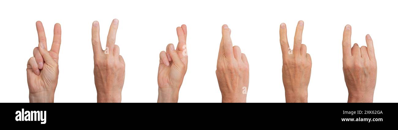 Two fingers gestures set. V sign, victory, crossed for luck, horns ...