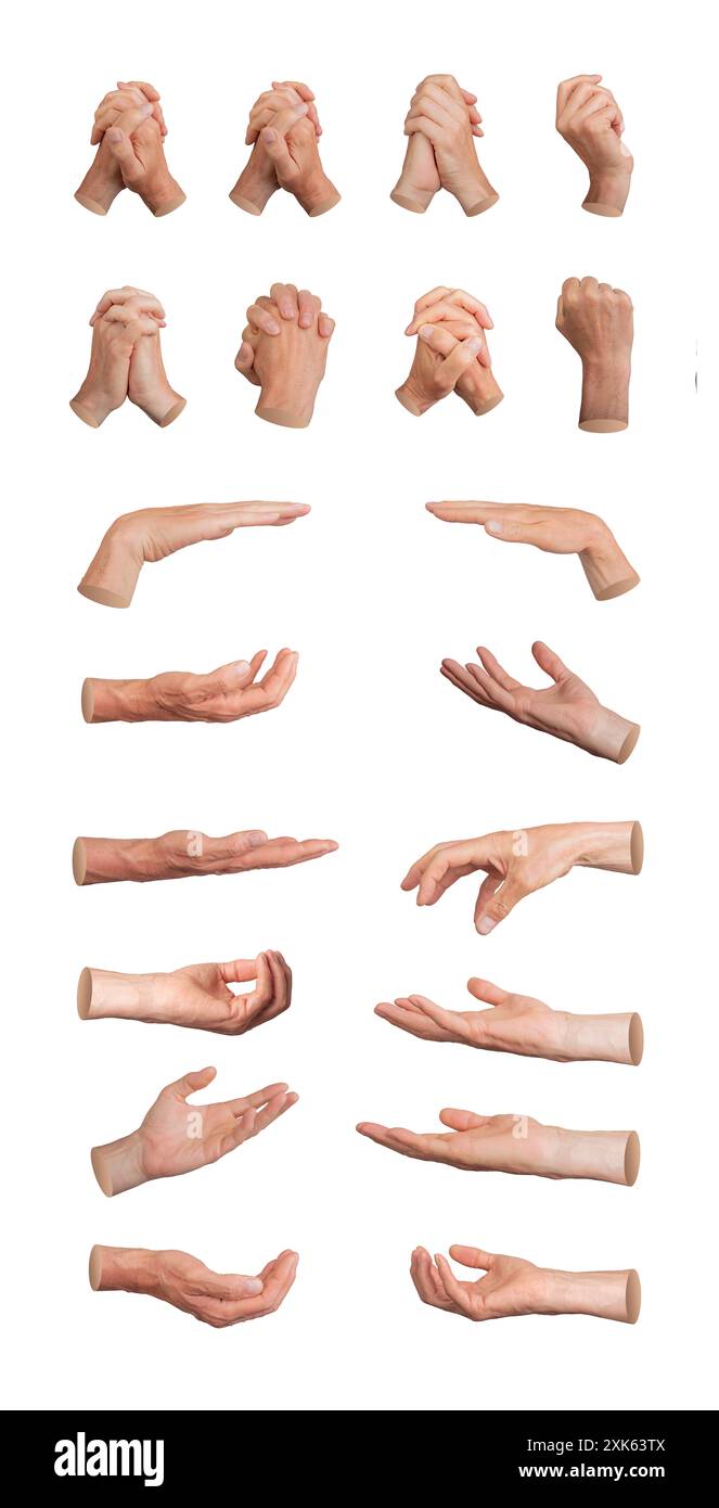 Intertwined fingers, clasped gestures, hand holding, open palm taking isolated on white ...