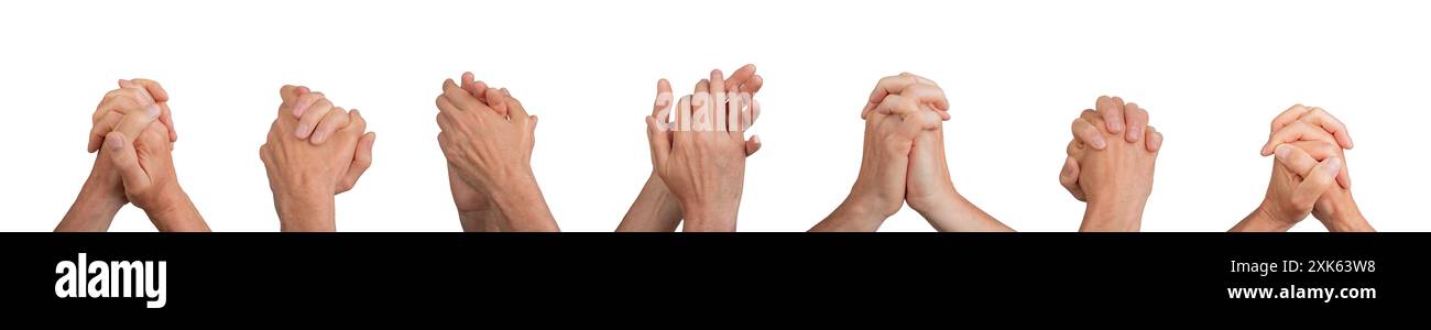 Intertwined fingers, clasped gestures, hand together, support sign ...