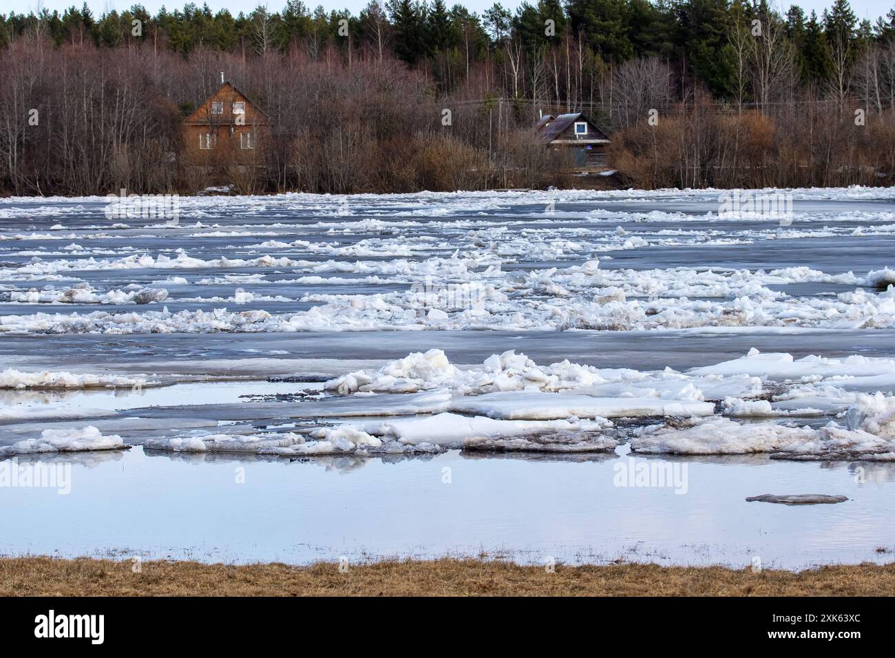 A landscape of an ice drift (ice-boom, debacle) on the northern river ...