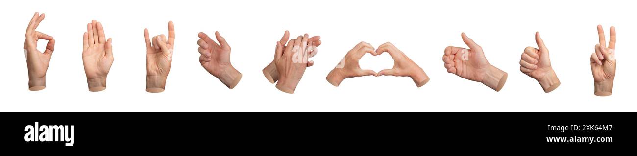 Different hand gestures set. OK, hi sign, holding, horns, heart shape ...