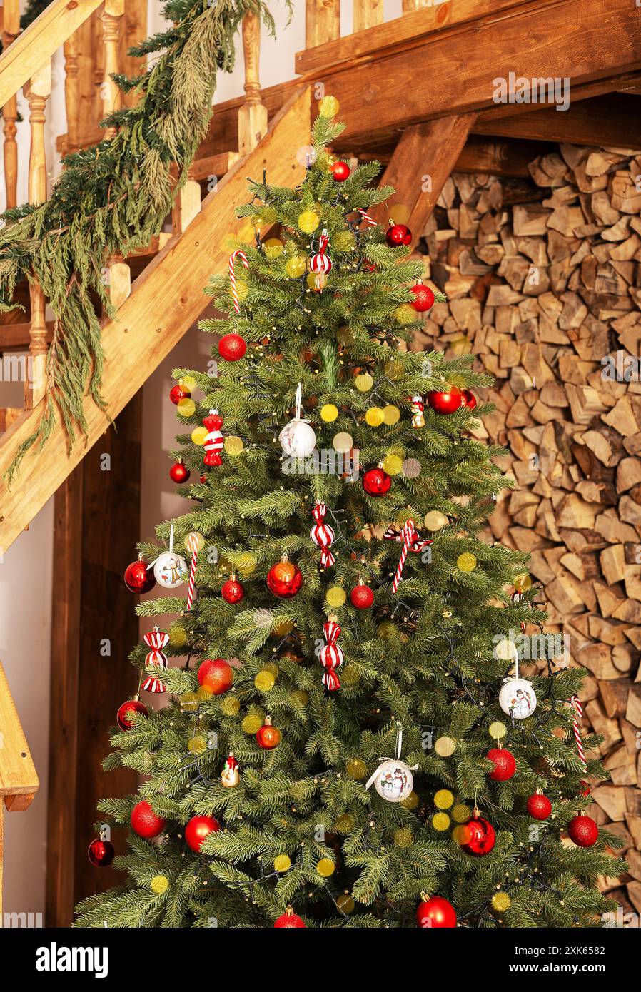 Christmas tree decorated with classic traditional baubles, ornaments in ...