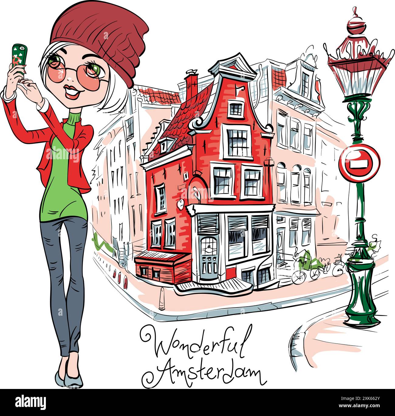 Girl taking selfie in front of traditional Amsterdam houses with lamp ...