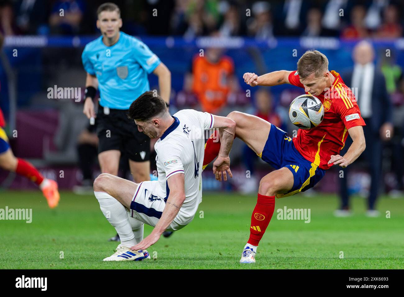 Declan Rice (L) of England and Dani Olmo (R) of Spain are seen in ...